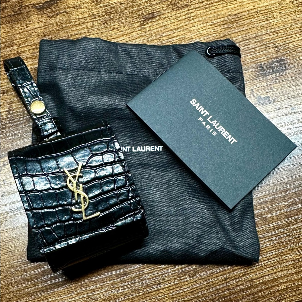 Ysl Gold Monogram Croc-Embossed Black Leather Airpods… - Gem